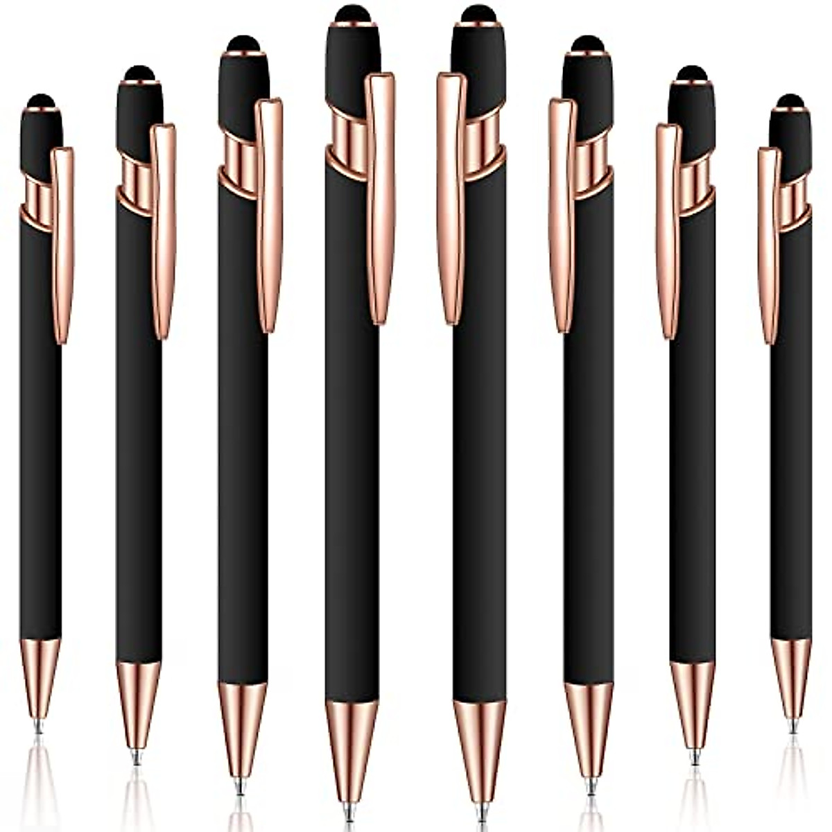8 Pieces Ballpoint Pen with Stylus Tip Black Ink 2 in 1 Stylus Metal 1.0 mm Medium Point Smooth Pen Rainbow Colorful Rubberized Ballpoint Pen for Touch Screen Tablet (Rose Gold, Black)