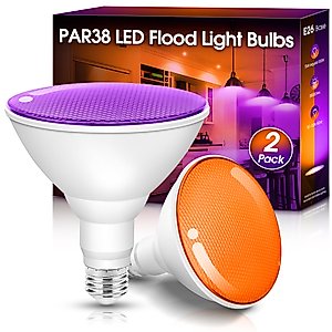 Orange and Purple Flood Light Bulbs Outdoor 2 Pack, PAR38 LED Purple Light Bulb 15W(100W Equivalent) E26 Not-dimmable, Orange Flood Lights for Halloween Decor Light Bulbs Outdoor Indoor for Porch Home