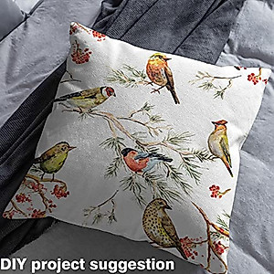 Bird Fabric by The Yard, Branches Upholstery Fabric, Leaves Floral Decorative Fabric, Wildlife Animals Botanical Indoor Outdoor Fabric, Flower DIY Art Waterproof Fabric, Green Red, 1 Yard