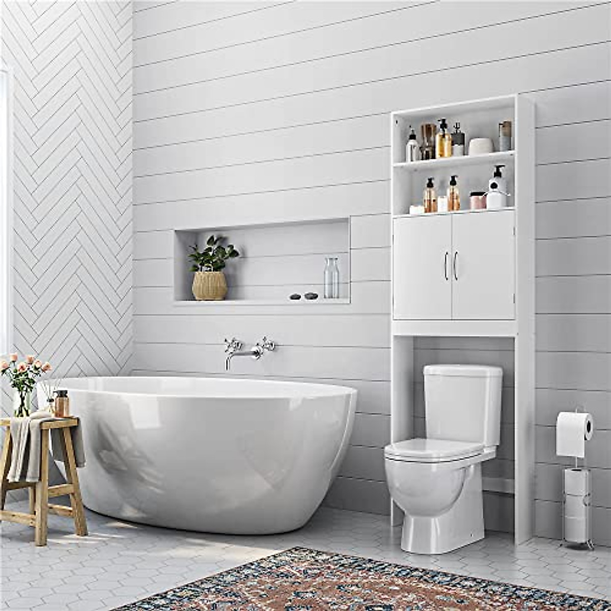 LEDYZ 8" Width Wooden Over Toilet Storage Cabinet with Door for Bathroom, White