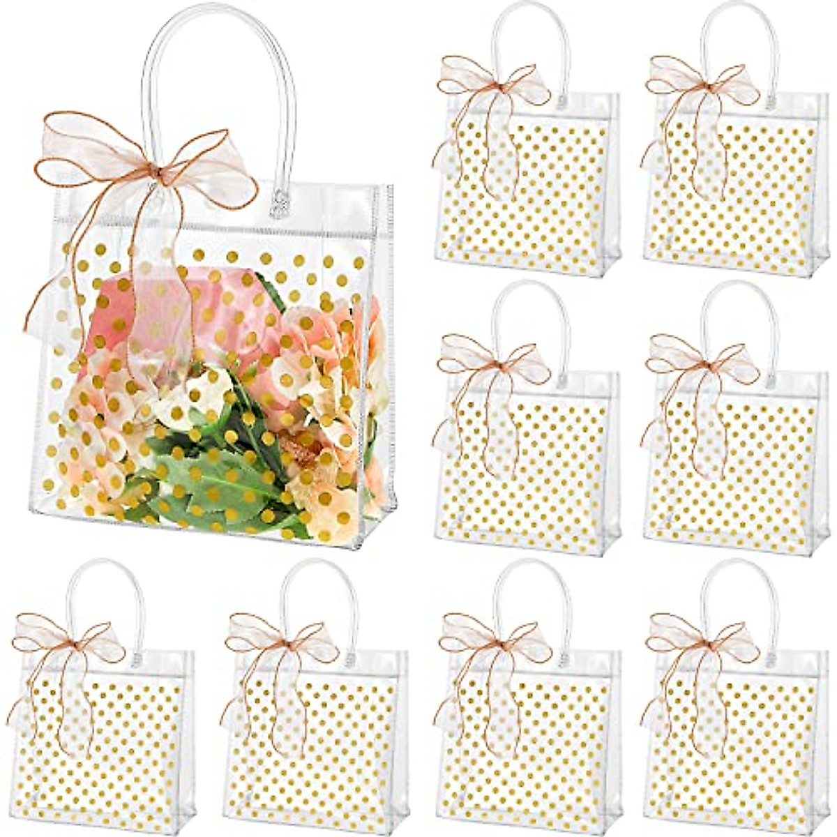 Amylove 50 Pcs Clear Plastic Gift Bags with Handle 7.9 x 7.9 x 3.2 Inches Wedding Gift Bags Polka Dots Gold Gift Bag Transparent Reusable Gift Bag PVC Bag for Wedding Birthday Baby Shower Party