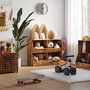 DINZI LVJ Kids Bookshelf, Toy Storage Organizer, Wooden Toy Storage Cabinet, 4 Cubby Children Bookcase, Toddler Book Toy Shelf for Bedroom, Nursery, Hallway, School, 31.5" Long, Rustic Brown