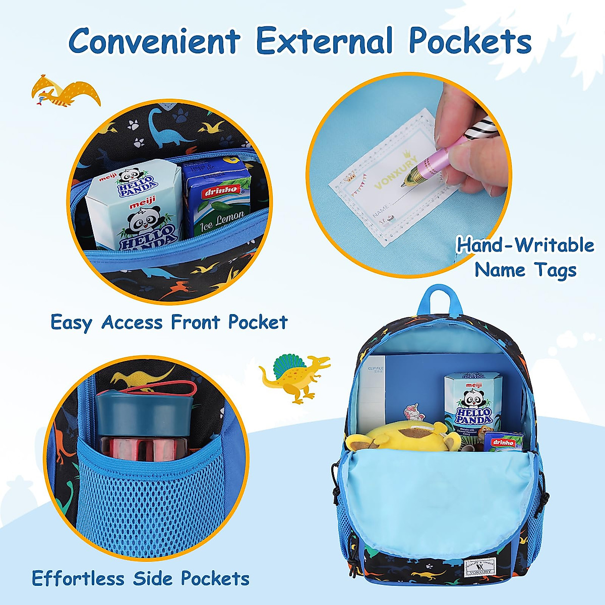 VX VONXURY Kids Backpack,Cute Preschool Toddler Schoolbag for Boys with Chest Strap Small（Black Dinosaur