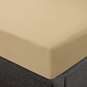 Feather & Stitch 100% Cotton King Size Fitted Sheet, 400TC Sateen Weave Bottom Shee, 17" Elastic Deep Pocket Breathable Durable Sheet|Hotel Luxury Decor|Beige