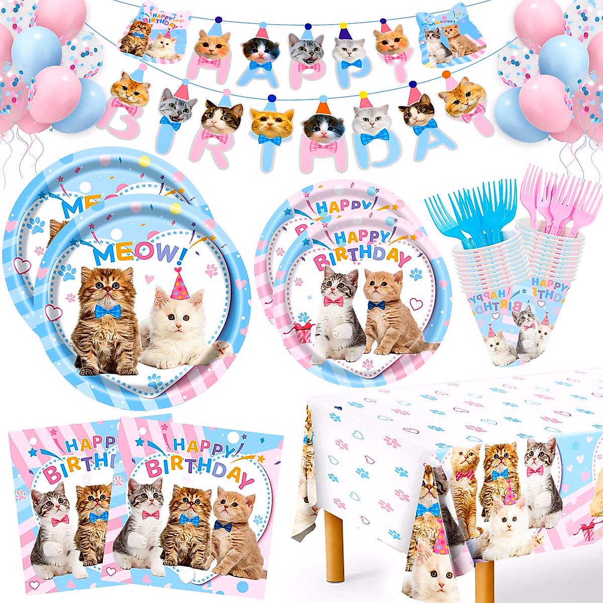 Cat Birthday Decorations, 146Pcs Cat Birthday Party Supplies-Serves 24 Cat Party Disposable Tableware with Cat Party Plates Cups Napkins Tablecloth Balloons for Kitten Girls Birthday Party Decorations