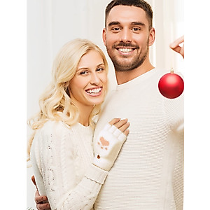 Bencailor 3 Pairs Winter Fingerless Gloves Warm Convertible Mittens Flap Cover Cat Paw Gloves for Women Cold Weather Cosplay (Dark Gray, White, Light Khaki)