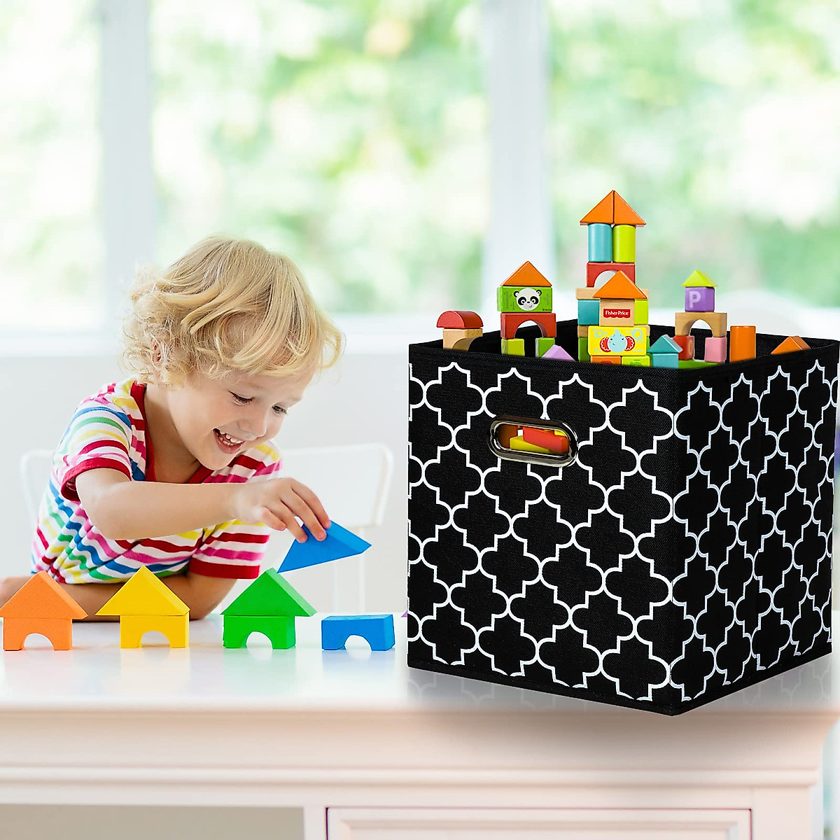 SEVENDOME Black Fabric Storage Bins Cube ,11x11x11 Fabric Cubby Organizer Baskets with Handle, Foldable Basket for Closet or Collapsible Storage Box Set of 2 (Black )