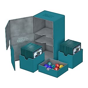 Ultimate Guard Flip 'n' Tray 200+, Deck Case for 200 Double-Sleeved TCG Cards +Dice Tray, Petrol/Grey, Independent Magnetic Closure& Microfiber Lining