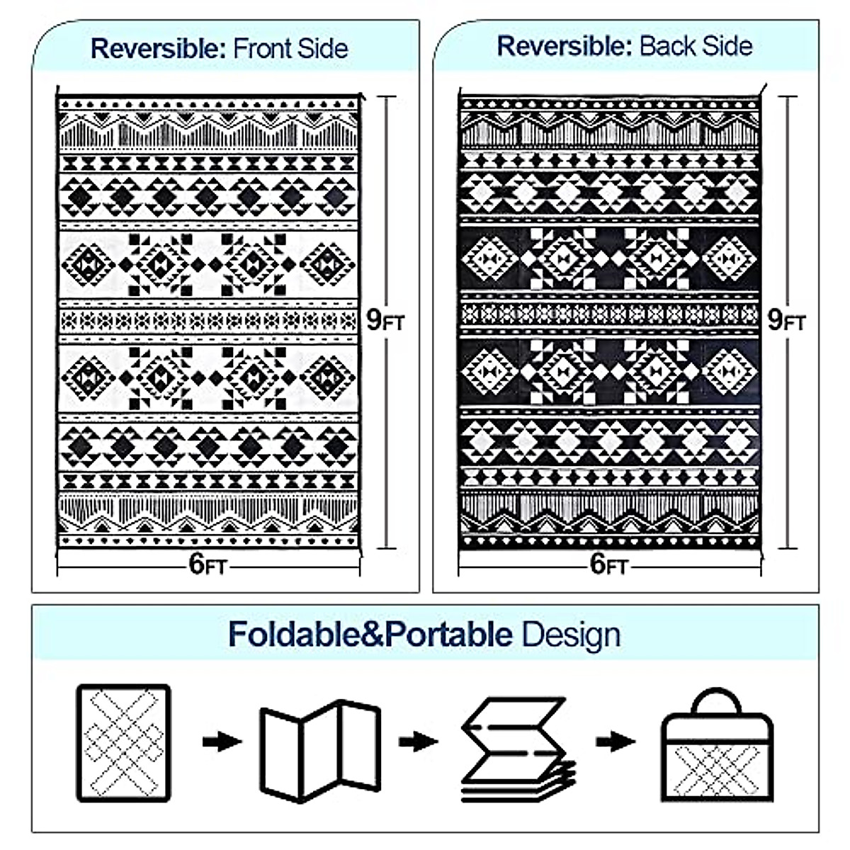 DiiKoo Outdoor Rug Mat for Patio, 6x9ft Waterproof Reversible Plastic Straw Rugs, Camping Carpet Area Mats for RV, Porch, Deck, Backyard, Balcony, Camper, Picnic, Beach, Trailer, Black & White