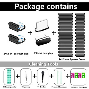 for Type C USB Dust Plug, Phone Speaker Cover,with Phone Cleaning Kit Tool Cleaning Putty/Tweezers/Brushes/Wet and Dry Cleaning Wipe/Storage Box/Foam swabs