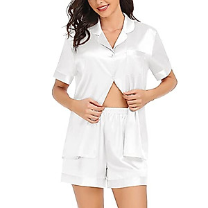 SWOMOG Couple Matching Pajamas Set Satin Short Sleeve Sleepwear Silky Pj Set for Women Button-Down Two-Pieces Nightwear