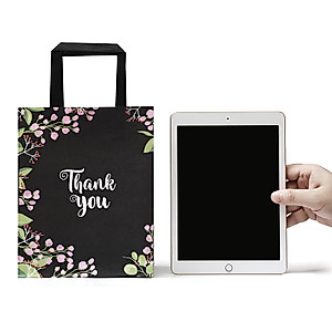 Black Thank You Gift Bags 50 Pack 8" X 10" Medium Size Paper Bags With Handles Floral Design Bulk Thank You Bags For Business Boutique, Gifts Wedding Favors Retail Shopping Goody Bags