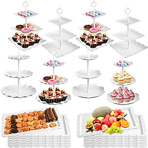 Dandat 24 Pcs White Cake Stand Plastic Dessert Table Stand Set, 8 Pcs 3 Tire Cake Display Tower Cupcake Cookie Tray and Display Stands, 16 Pcs Plastic Dessert Trays for Wedding Baby Shower Tea Party