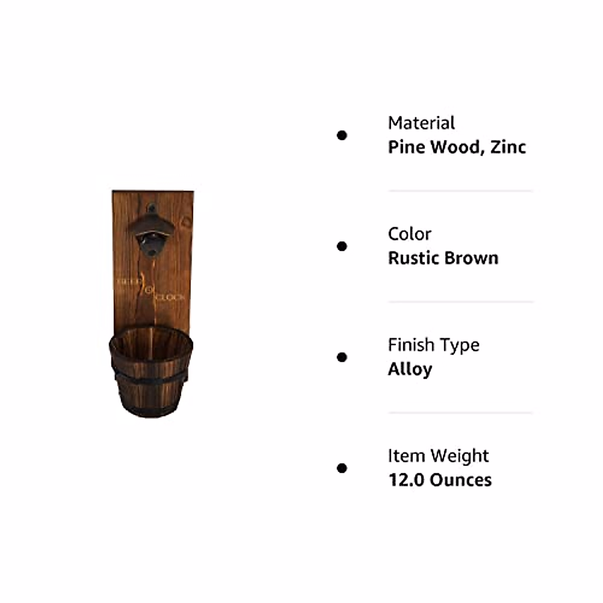 Thirsty Solutions - “Beer O’ Clock” Rustic Wall Mounted Bottle Opener and Catcher - Dark Stain Pine with Zinc Alloy Opener - Removable Wooden Bucket - Man (or Woman) Cave Ready