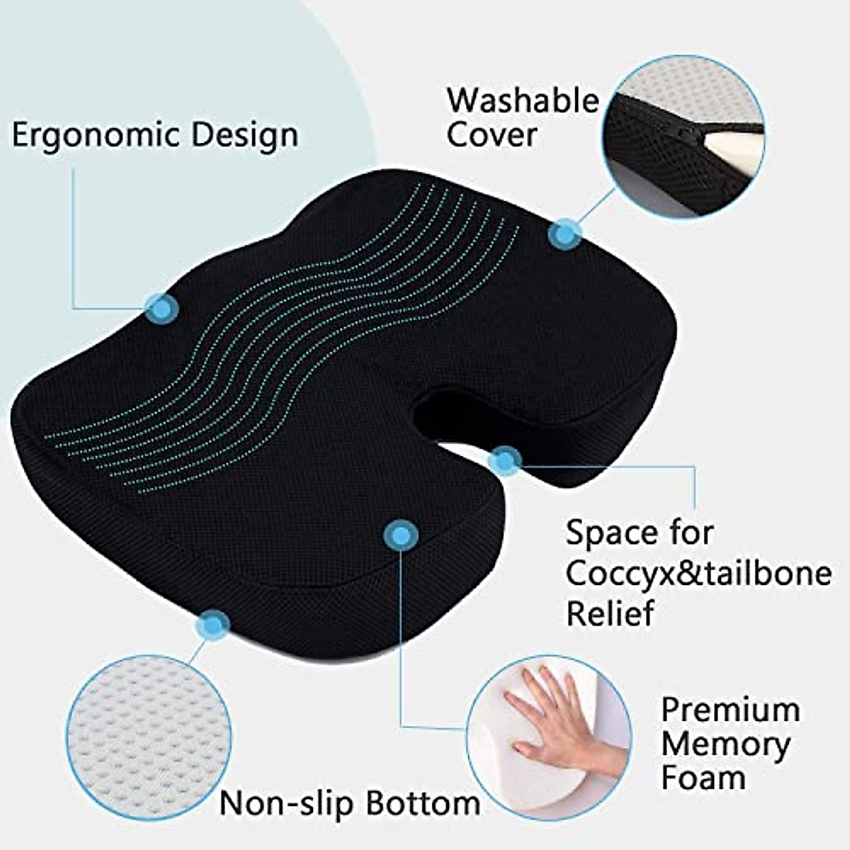 Seat Cushion & Lumbar Support Pillow for Office Chair, Car, Wheelchair Memory Foam Desk Chair Cushion for Sciatica, Lower Back & Tailbone Pain Relief Desk Pad with Adjustable Strap 3D Washable Cover