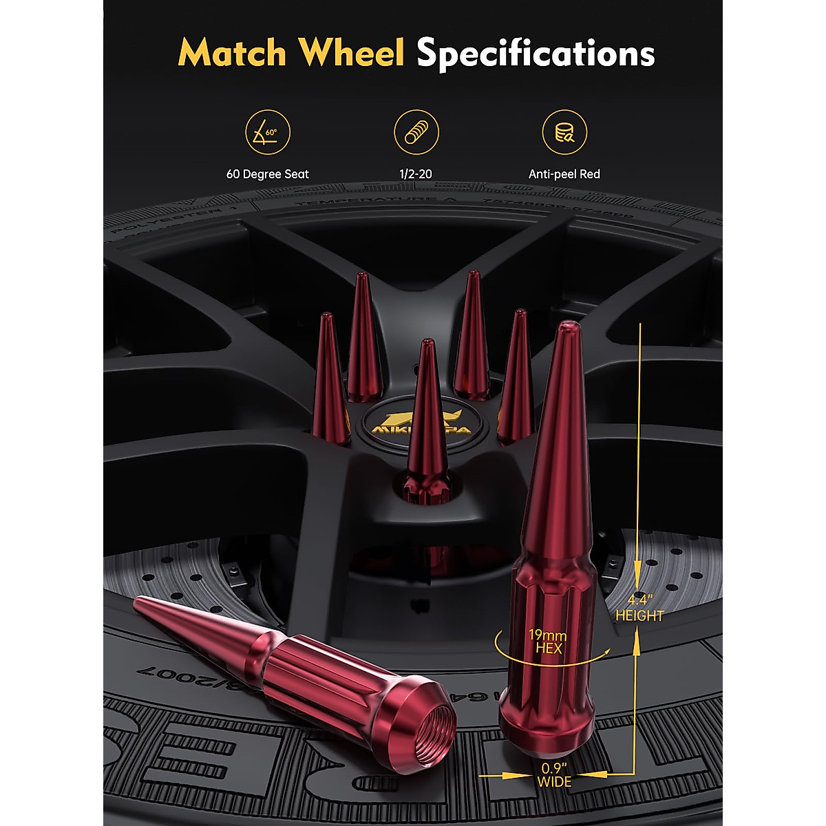 MIKKUPPA 1/2-20 Wheel Spike Lug Nuts, 20pcs Red Spike Lug Nuts 1/2x20 Solid 4.4" Tall Acorn Lug Nut with 1 Socket Key Replacement for Jeep Wrangler Cherokee Liberty