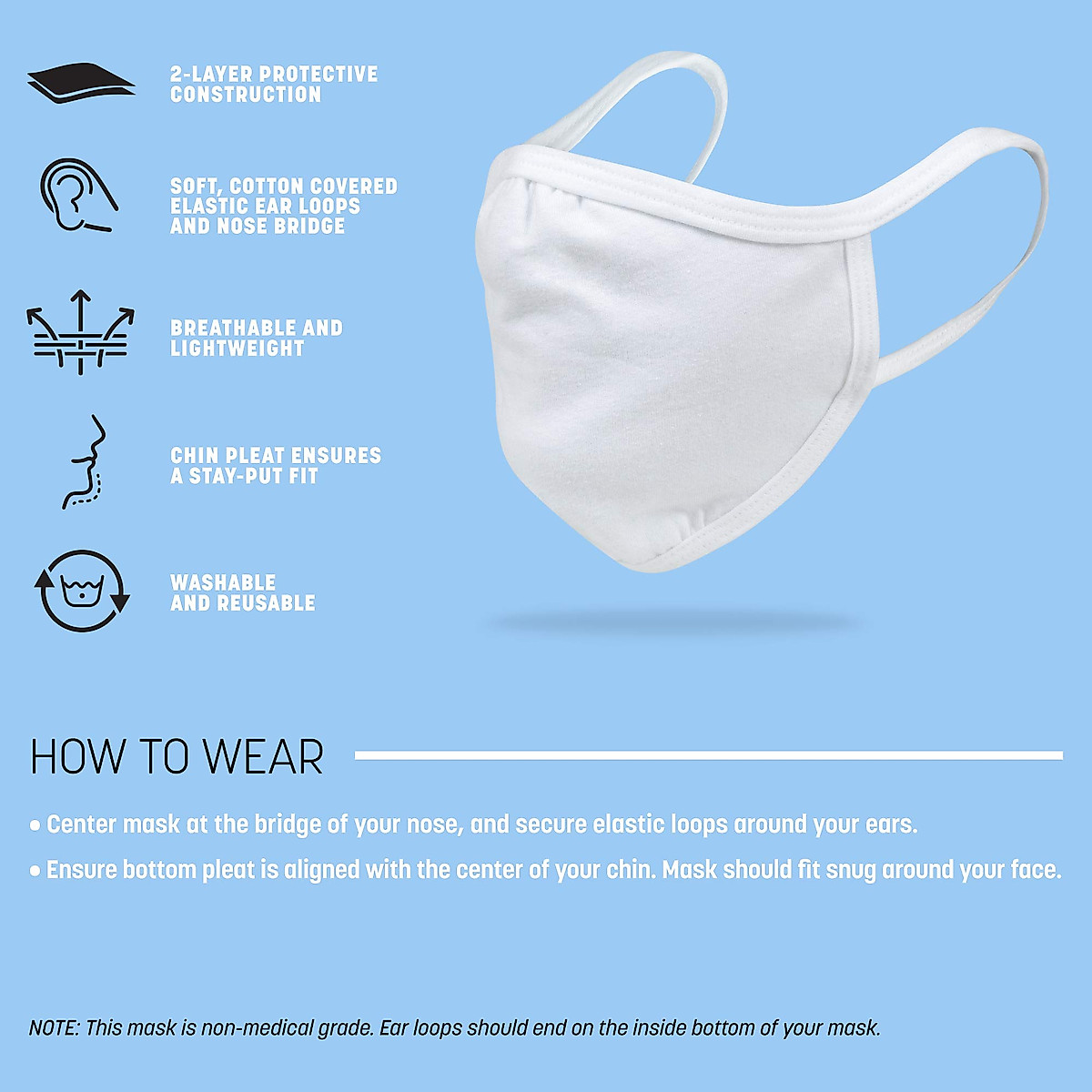 Gildan Adult Reusable Everyday 2-Layer Cotton Face Mask, Black (24 Pack), Adult: 5.75" x 8" (7" ear loops)