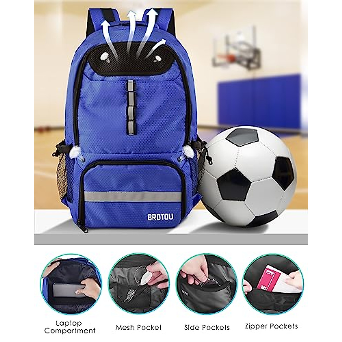 BROTOU Premium Soccer Bag, Basketball Backpack with Separate Cleat and Ball Compartment, Backpack for Rugby & Football & Volleyball & Handball (Blue)