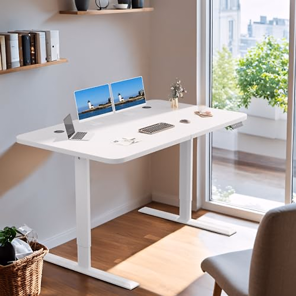 Flamaker Standing Desk, Electric Adjustable Height Stand up Desk, 55 x 24 Inches Home Office Computer Desk with T-Shaped Metal Bracket and Memory Preset, White
