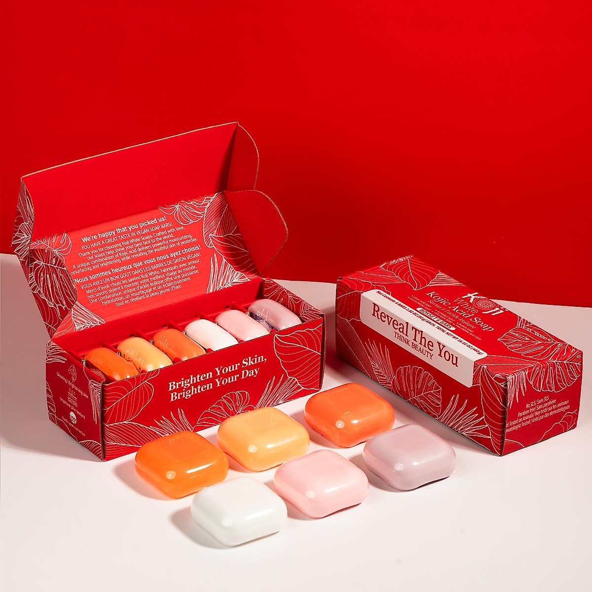 Koji White Kojic Acid Skin Brighten & Glowing Soap, Gift Set for Women with Kojic Acid, Papaya, Glutathione, Vitamin C, Collagen, Hyaluronic for Hydrating Facial & Body, Vegan Soap, 2.8 Oz (6 Bars)