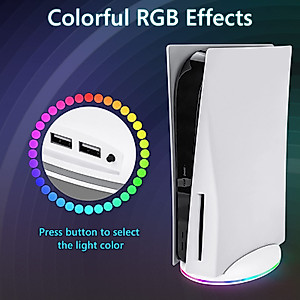 Geekria RGB Vertical Stand Compatible with PS5, Playstation 5 Console LED Base, Gaming Stand with 2.0 USB Hub Game Accessories (White)