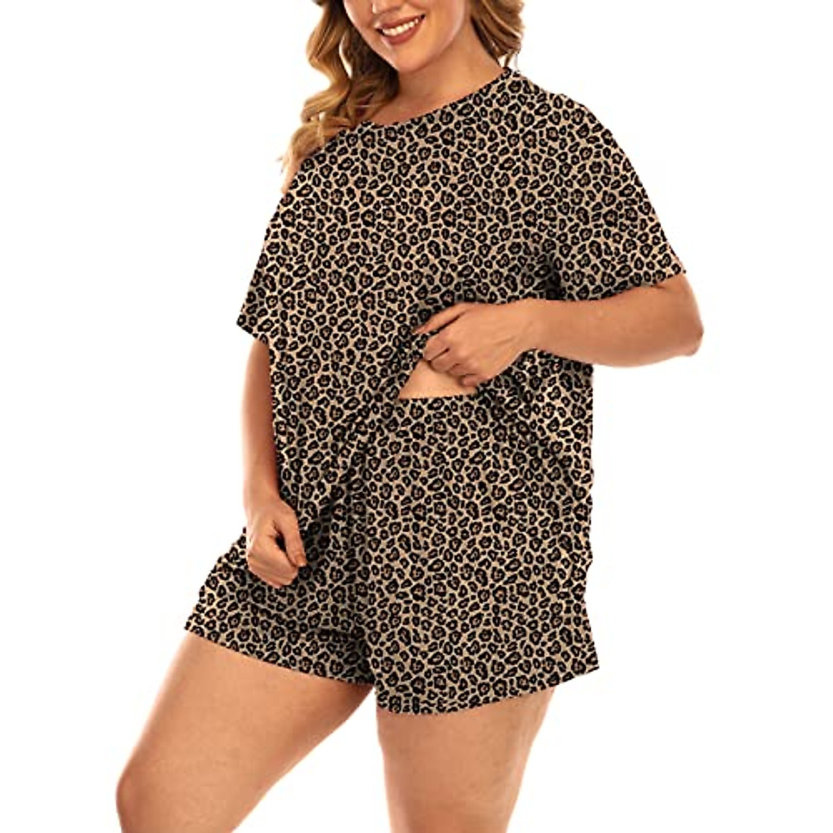 Plus Size Pajamas Womens Pajama Sets Shorts Summer Short Sleeve Pjs Cute Print Pj Sleepwear Leopard 2X