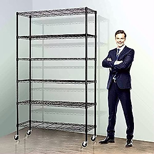 HHS Storage Shelf Metal Shelves Wheels Wire Shelving Unit 48 x 18 x 82(2100LBS) Sturdy Steel 6 Tier Layer Rack Casters for Restaurant Garage Pantry Kitchen Garage Rack Black (A776Black)