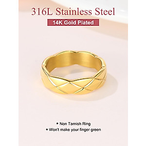 FOCALOOK Gold Ring 14K, Gold Rings for Women, Crush Wide Band Gold Ring, Wide Gold Band, Stacking Rings, Gold Wedding Band Minimalist Style (Gold, 7)