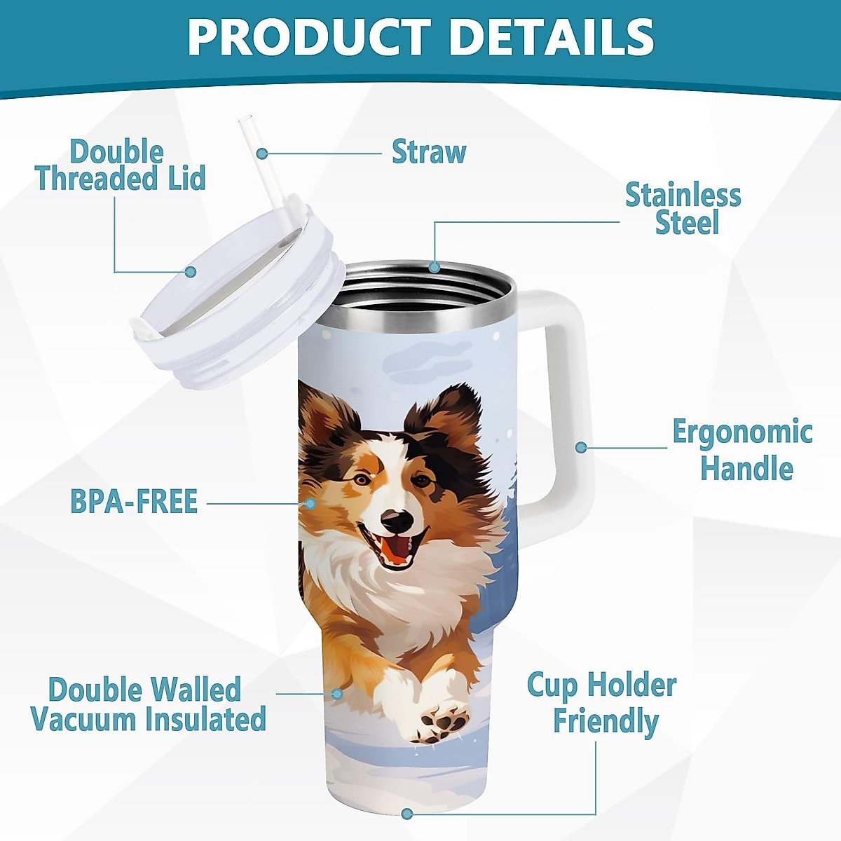 MCHIVER White Cute Sheltie Snow Tumbler with Lid and Straw 40 oz Insulated Water Bottle Leakproof Tumblers for Coffee Water Tea