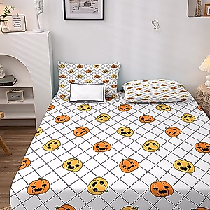 Halloween Sheets Full Size, Pumpkin Geometric Bed Sheets, Patterned Bedding Sheets & Pillowcases 4 Piece Set - Soft Microfiber Deep Pocket Fitted Sheet & Flat Sheet & 2 Pillow Cases M5-&-97