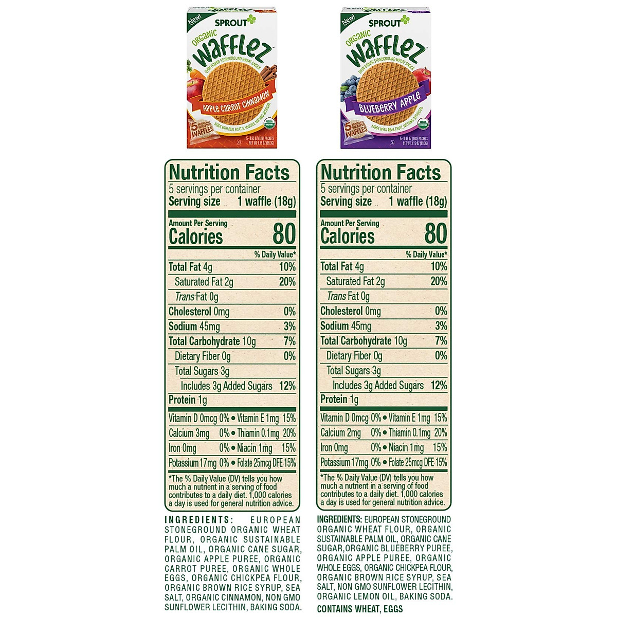 Sprout Organic Baby Food, Stage 4 Toddler Snacks, Blueberry Apple and Apple Cinnamon Wafflez Variety Pack, Single Serve Waffles (20 Count)