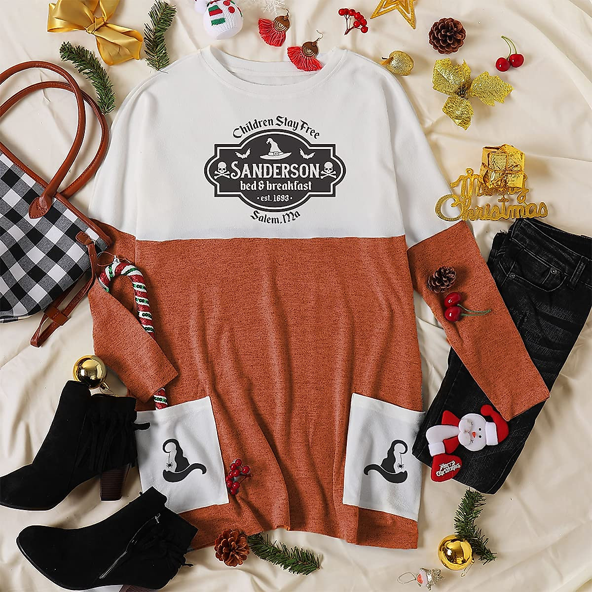 MORCHOY Womens Sanderson Sisters Bed & Breakfast Halloween Shirt Dress, Hallow's Day Fall Sweatshirt for Women -E-2XL