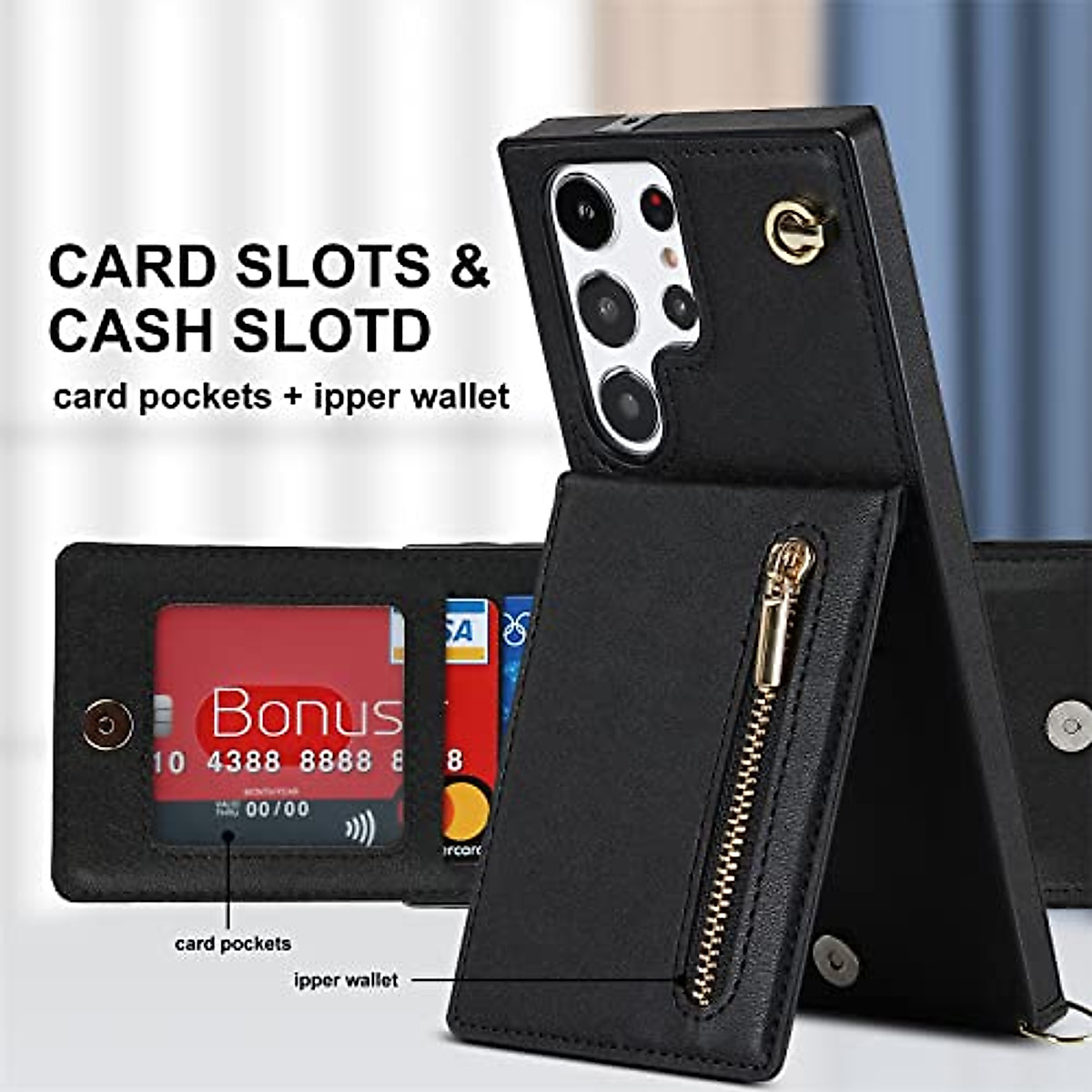 Tncavo Crossbody Wallet Case for Samsung Galaxy S23 Ultra for Women, RFID Blocking Card Holder PU Leather Zipper Handbag Purse Phone Cover with Lanyard Strap for Samsung Galaxy S23 Ultra XKL Black