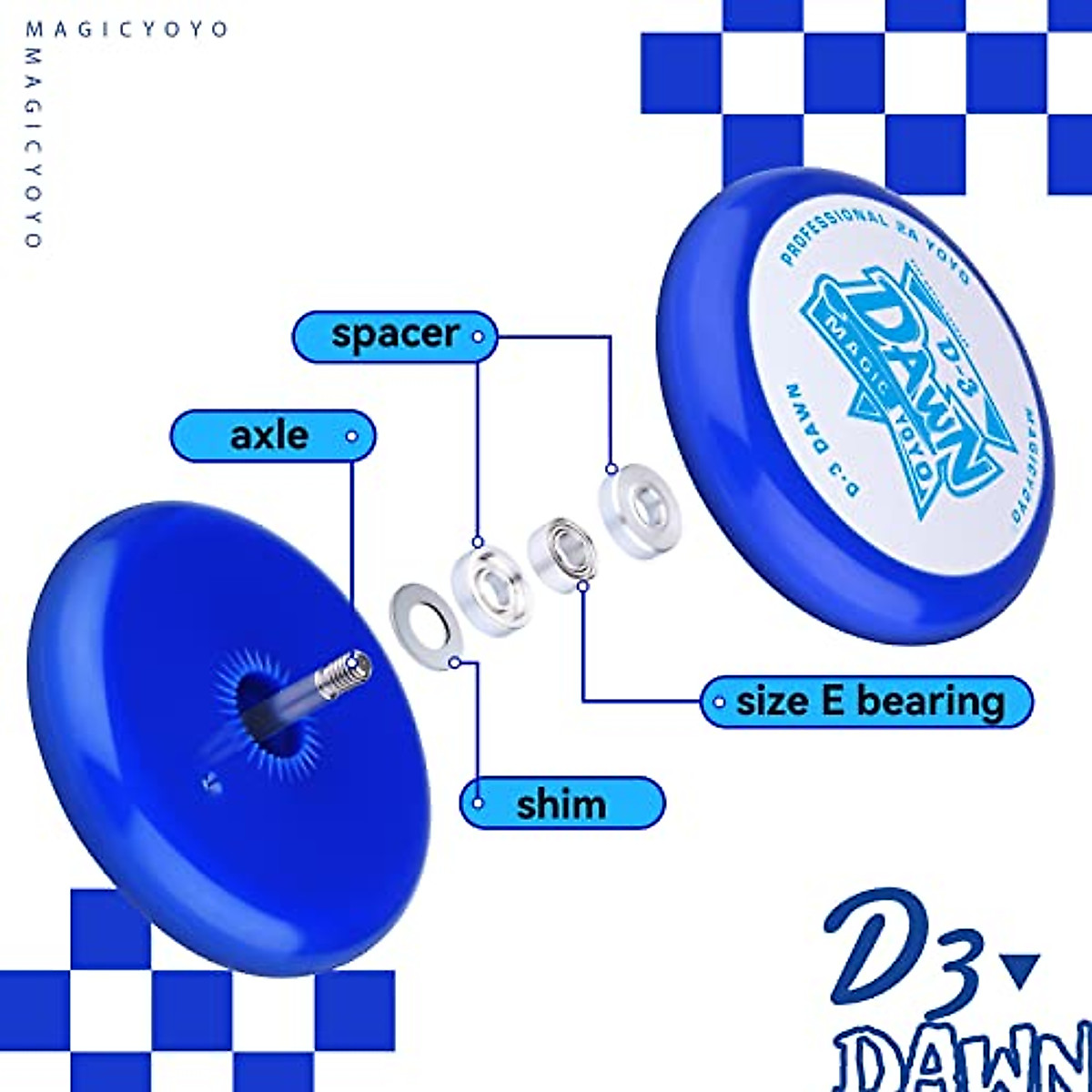 Responsive Yoyo D3 Looping Yoyo for Kids, Durable Professional Plastic Yo yo for Beginners, Looping Yo-yo for 2A Thick with Extra 2 Yoyo Strings + 2 Spacers ( Blue White)
