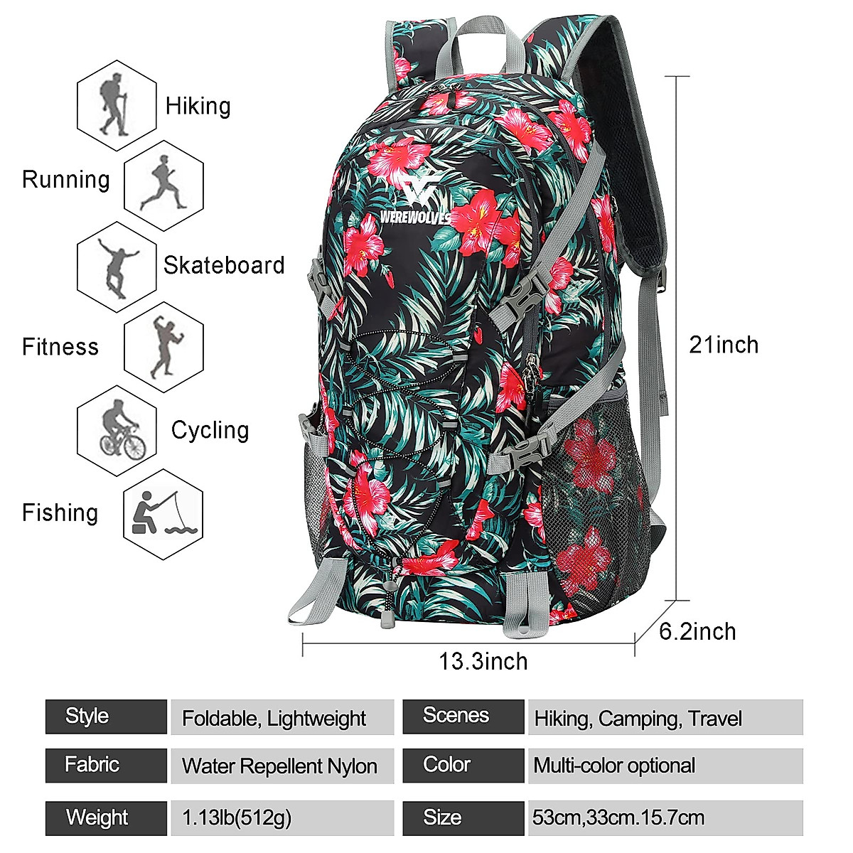 WEREWOLVES 40L Hiking Backpack, Water Resistant Travel Packable Foldable Lightweight Daypack for Women Men…