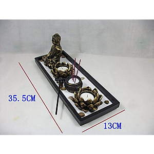 Mini Zen Garden Buddha Statue Incense Sticks Burner Holder with Glass Tealight Candle (Zen-38x15x12cm)