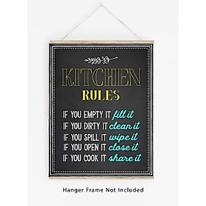 ‘Kitchen Rules’ Chalkboard Kitchen Wall Art Print - 11x14 UNFRAMED with Teal Blue, Yellow & White on Black Perfect for Rustic, Vintage, Modern Farm, Cottage, Country and Retro Decor.