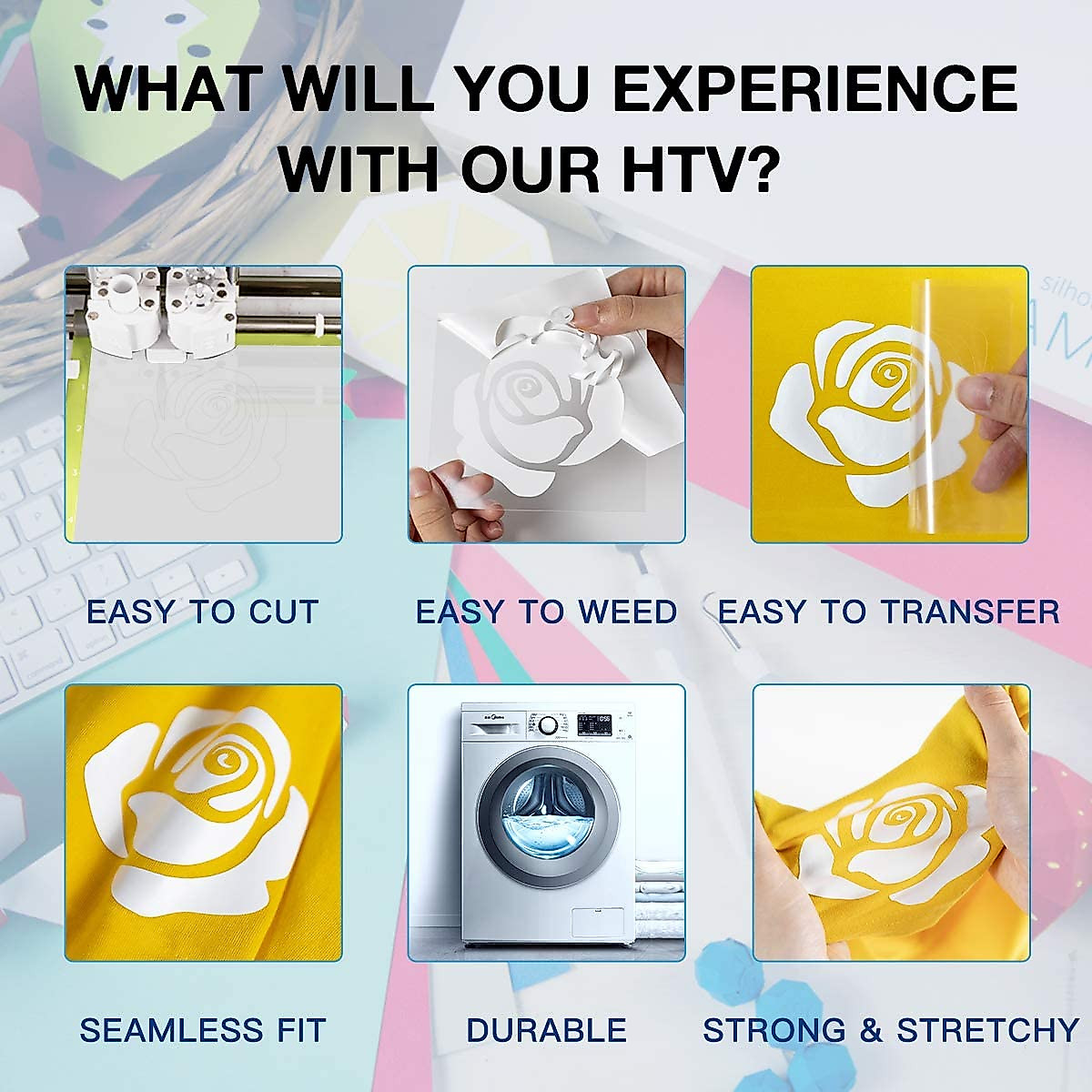 HTVRONT White HTV Vinyl Rolls Heat Transfer Vinyl - 12" x 8ft White HTV Vinyl for Shirts, Iron on Vinyl for Cricut & Cameo - Easy to Cut & Weed for Heat Vinyl Design