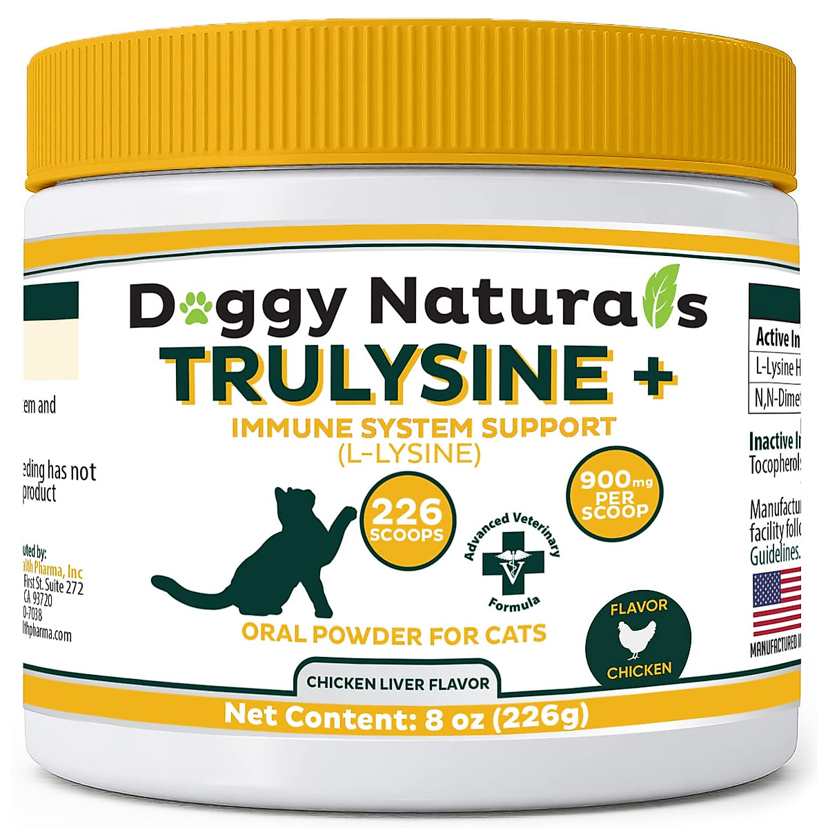 Trulysine Plus L-Lysine for Cats Immune Support Oral Powder 8oz/226g - Cats & Kittens of All Age, Sneezing, Runny Nose Squinting, Watery Eyes Chicken Liver Flavor (U.S.A)(226 Grams (900mg / Scoop))