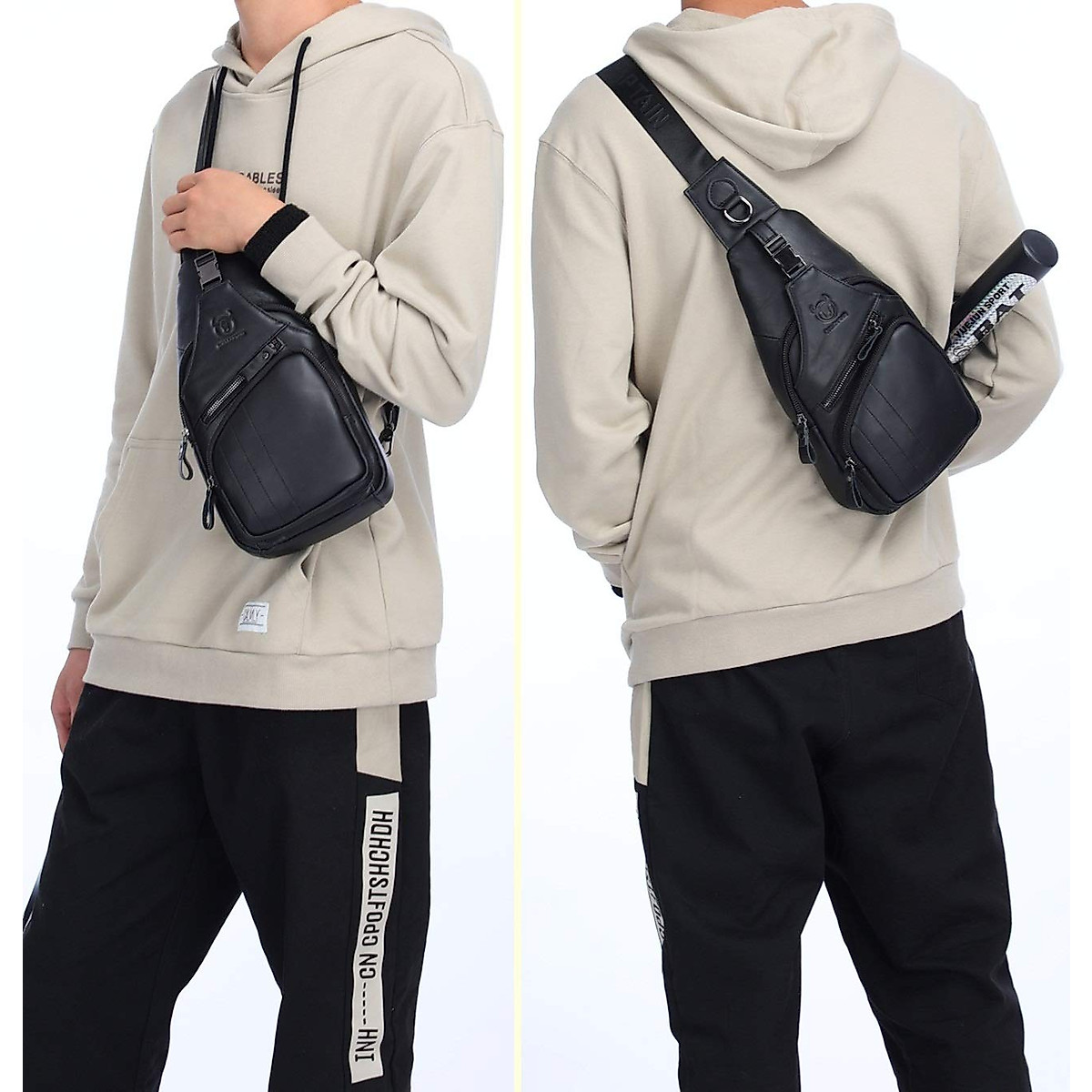 BULLCAPTAIN Leather Men Sling Bag Casual Crossbody Chest Bags Travel Daypack (Black)
