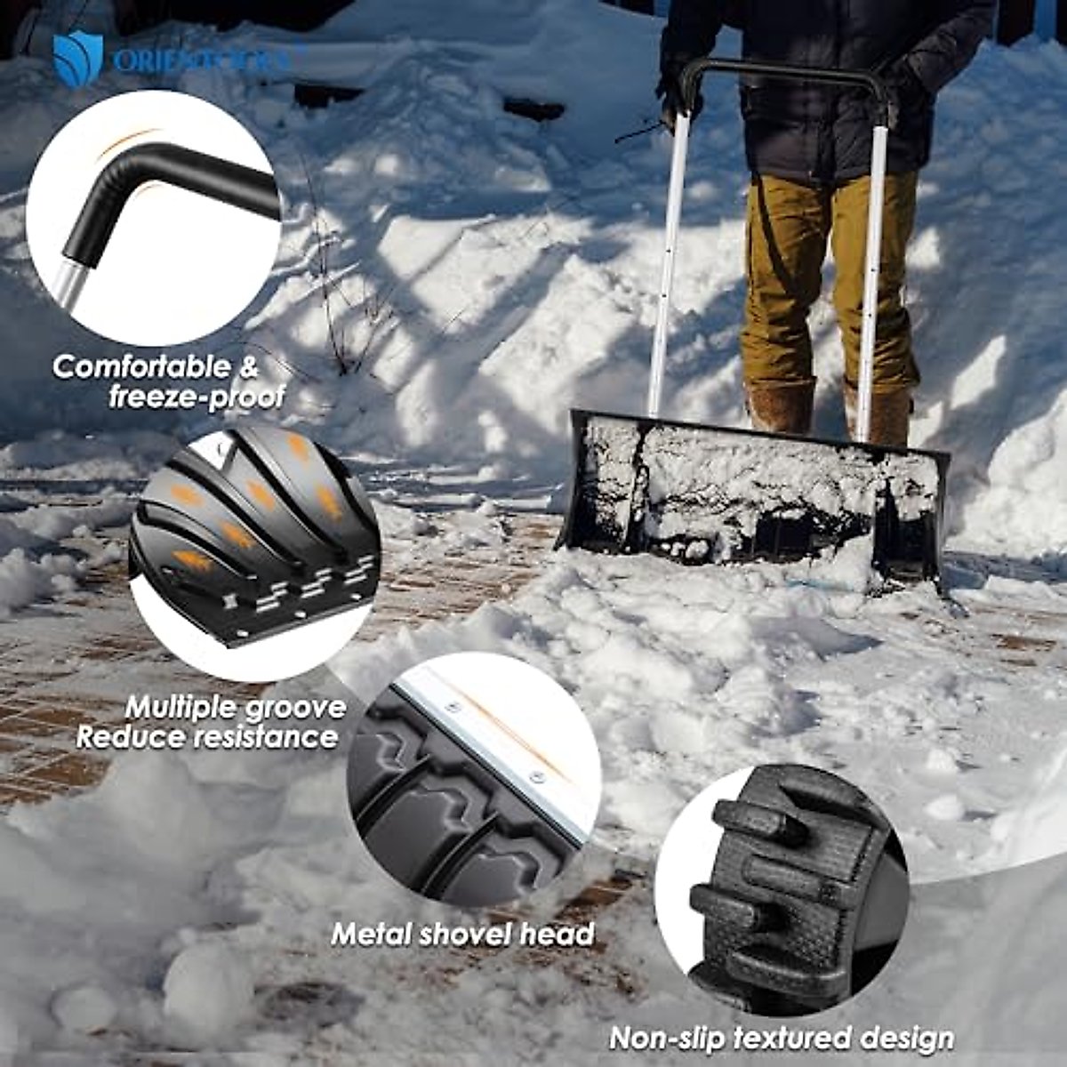 ORIENTOOLS Snow Shovel with Wheels, 26" Wide Blade with 6" Wheels and Adjustable Handle Efficient Snow Plow Shovel Snow Clean Tool for Driveway or Pavement