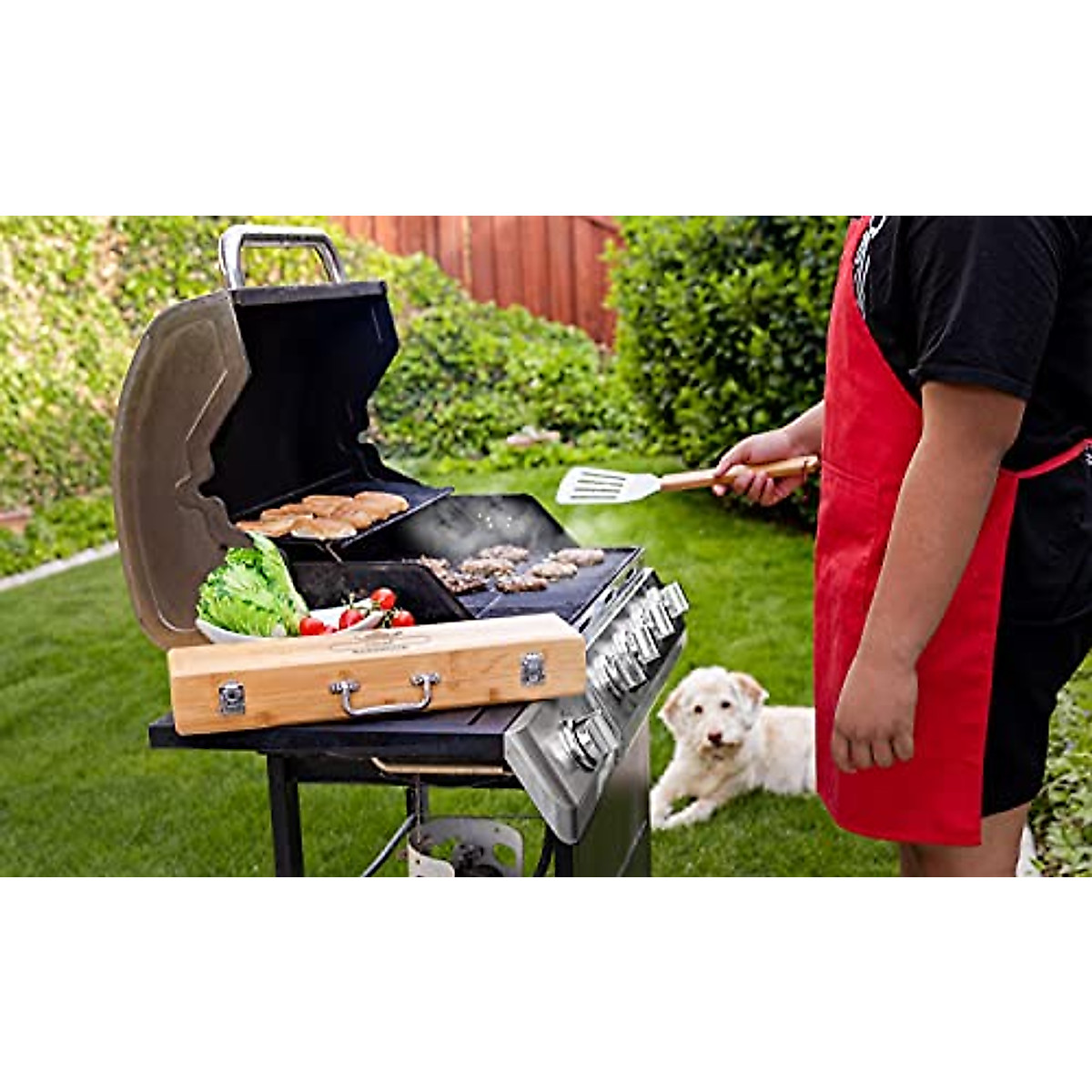 Personalized Grill Set for Men, BBQ Set with Custom Engraved Wooden Case Holder (Circle Design) | Customized Birthday for Him, Dad, Boyfriend, Husband | Groomsmen Gift