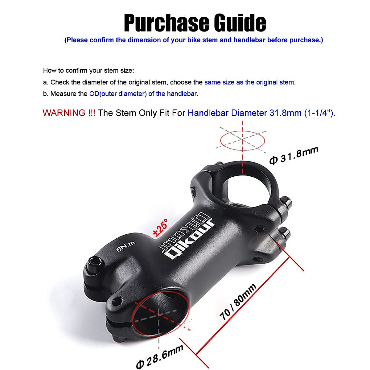 Bike Stem 31.8 Bicycle Stem 25 Degree, Handlebar Riser Extender for Road Bike, Mountain Bike, MTB, BMX, Cycling (Only Fit 1.25"/31.8mm Handlebar) (31.8 x 70mm)