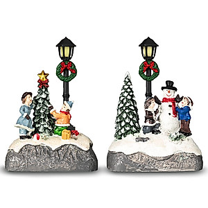 Mudder 2 Pieces Christmas Village Houses Decorations Led Light up Christmas Tree Christmas Snowman Light Christmas Decorations Figurines Buildings Landscape Lamppost Dector