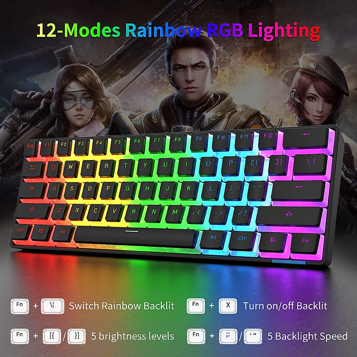 NACODEX Mini 60% Mechanical Gaming Keyboard - PBT Pudding Keycap Bluetooth 5.0 Rainbow Keyboard - 1000mAh Ultra-Compact Keyboard for Win/Mac/PC Gamer (Red Switch White)