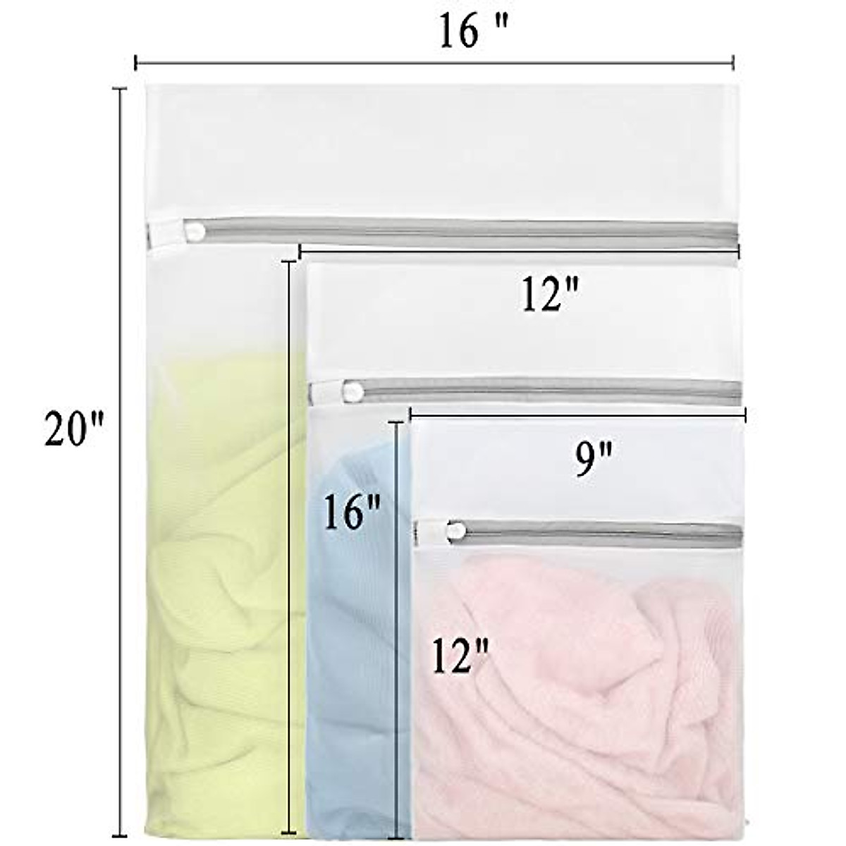 3Pcs Durable Fine Mesh Laundry Bags for Delicates (1 Large 16 x 20 Inches, 1 Medium 12 x 16 Inches, 1 Small 9 x 12 Inches)