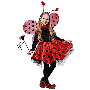 IKALI Girls Ladybug Costume, Halloween Deluxe Animal Fancy Dress Outfit with Wings (10pcs Set) 4-6Y