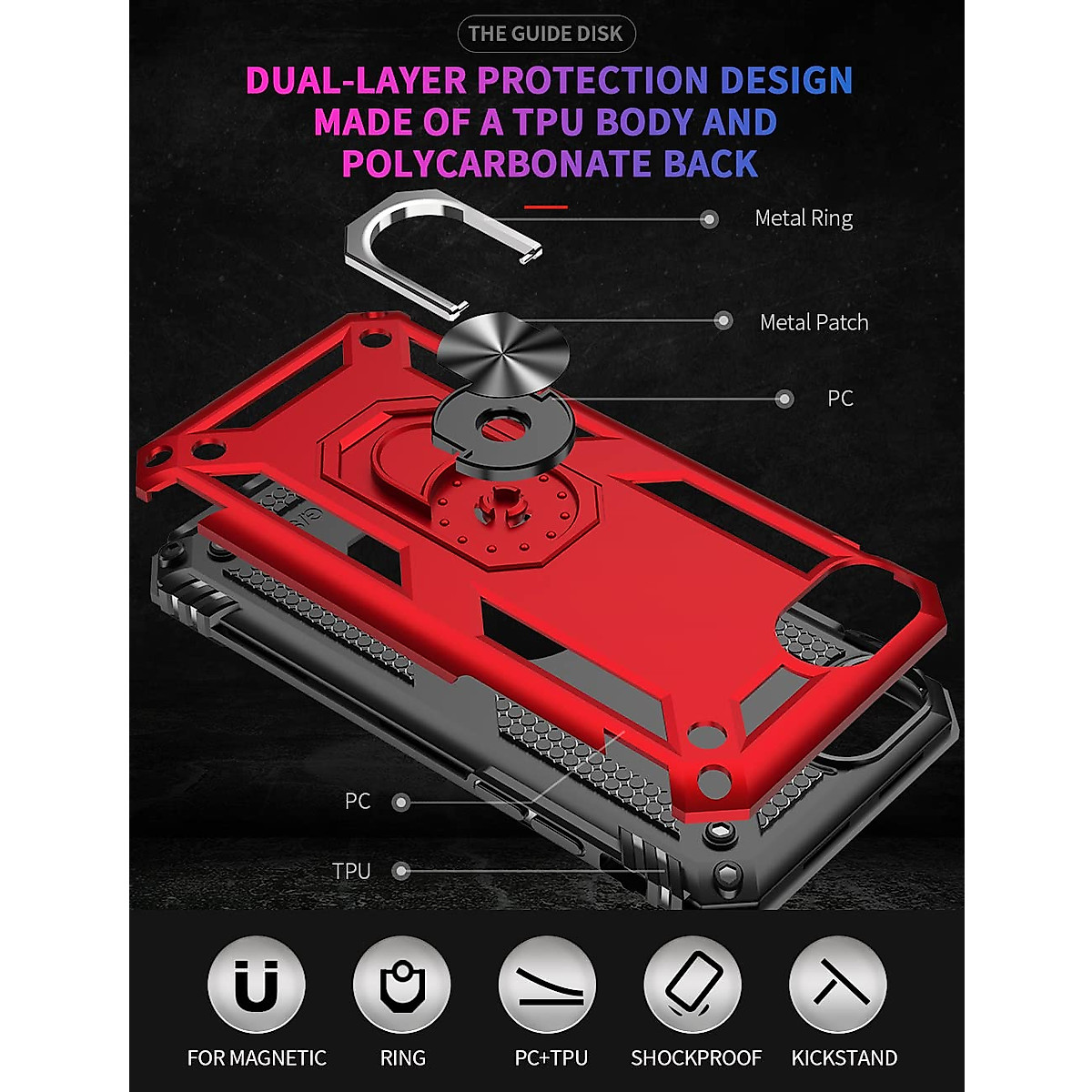 SunStory for iPhone SE 2022 Case, iPhone SE 2020/8/7 Case with HD Screen Protector & Magnetic Ring Kickstand,[Military Grade] Cover for iPhone SE 2022/SE 2020/8 /7 Phone (Red)