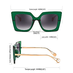 FEISEDY Sunglasses Womens Trendy, Oversized Square Shades, Pearl Inlay Cat Eye Frame UV400 Protection B2625,Clear Green/Gradient Grey
