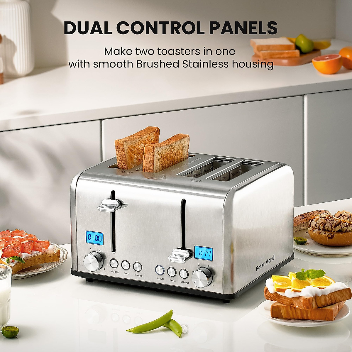 4 Slice Toaster, Roter Mond Countdown Stainless Steel Toaster with Bagel, Defrost, Cancel Function, Dual Toaster Extra Wide Slots, 6 Bread Shade Settings Bread Toaster, Removable Crumb Trays, 1650W